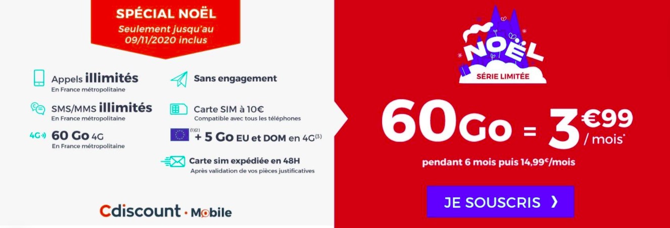 Bon plan : le forfait Cdiscount Spécial Noël 60 Go à 3,99 euros par mois - Meilleur Mobile